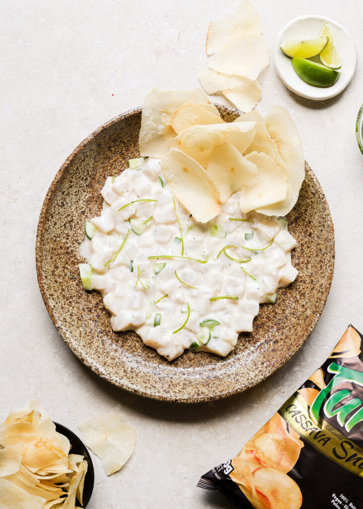 Coconut Lime Kingfish ceviche with Chilli Turbo Cassava Chips - Turbo ...